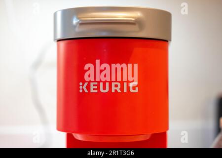 Close-up of logo on Keurig brand coffee maker, Mendocino, California ...