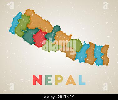Nepal map. Country poster with regions. Old grunge texture. Shape of ...