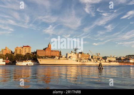Evening light on HMS Smaland, Halland Class destroyer in Maritiman ...