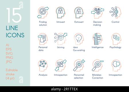Mental activity color linear icons set. Analytical thinking blue and ...