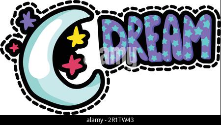 Moon, stars with dream lettering patch. Bedtime stitched frame flat ...