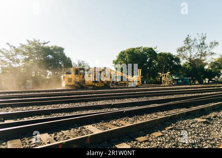 Repairing the railway line -Excavators on reconstruction of the railway ...