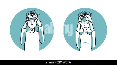 Stressed woman with emotion of anxiety, facial expression with gestures ...