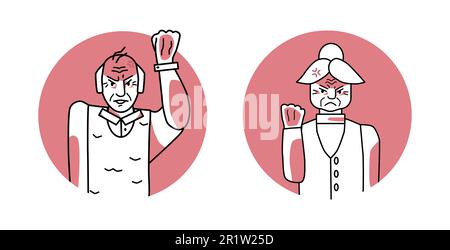 Old man and elder woman with emotion of disgust circle icons, facial ...
