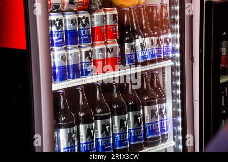 Detail of loggerhead glass bottles of Tecate Roja beer, Tecate Light ...