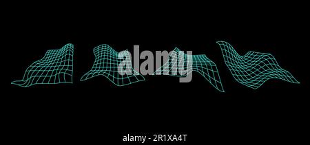 Distorted perspective grid pack. Glitch rectangle plane set. Wavy futuristic elements bundle ...