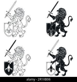 Vector design of rampant lion with sword and shield, heraldic symbol of ...