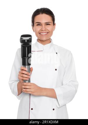 Chef holding sous vide cooker on orange background Stock Photo - Alamy