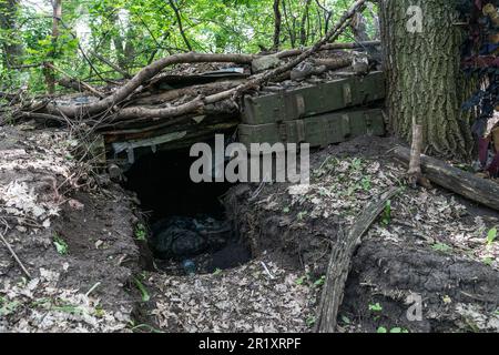 USA. 15th May, 2023. Dugouts built by Russian forces during occupation ...
