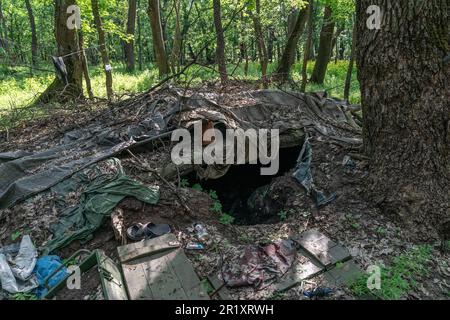 USA. 15th May, 2023. Dugouts built by Russian forces during occupation ...