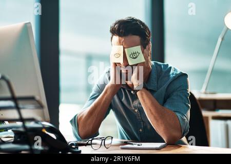 Tired, sleeping and business man with sticky note eyes from low energy ...