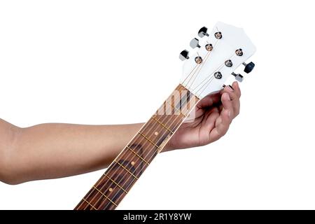 Man tuning guitar string isolated over white background Stock Photo - Alamy