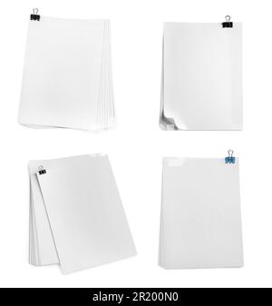 Collection of paper sheets with clips on white background Stock Photo ...
