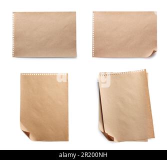 Set with blank kraft paper sheets on white background, top view Stock ...