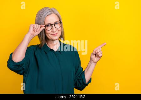 Photo of lady worker promoter point hands empty space adverts isolated ...