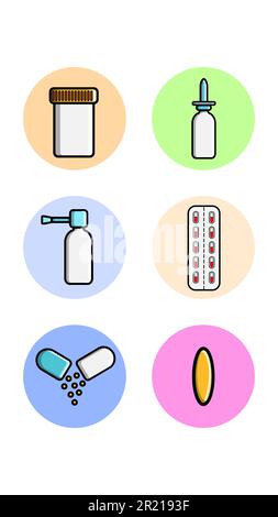 Set of six round icons for topical with medical medical pharmacological ...