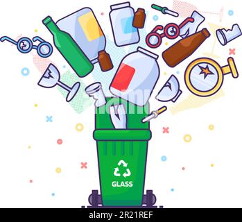 Old unwanted broken glass bottles fall into open trash can. Heap of ...