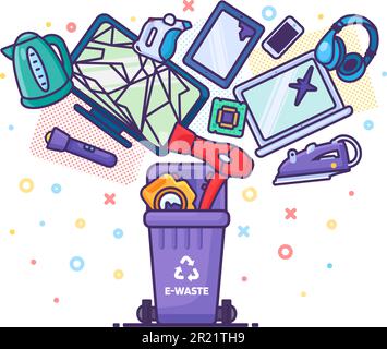 Old unwanted electronic devices fall into open trash bin. Heap of old ...