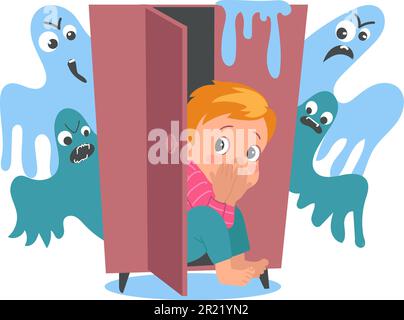 Kids fear. Frightened boy afraid of thunderstorm. Children phobia ...