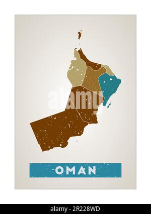 Oman vintage map. Grunge poster with map of the country in retro color ...