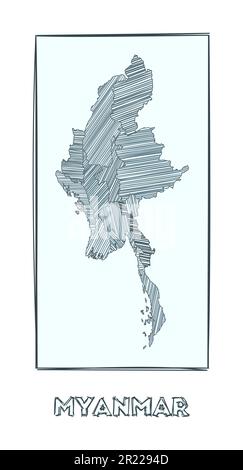 Myanmar map hand drawn sketch. Vector concept illustration flag ...