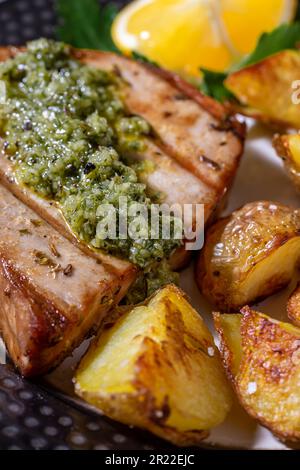 Gourmet Grilled tuna fish steak dinner Stock Photo - Alamy
