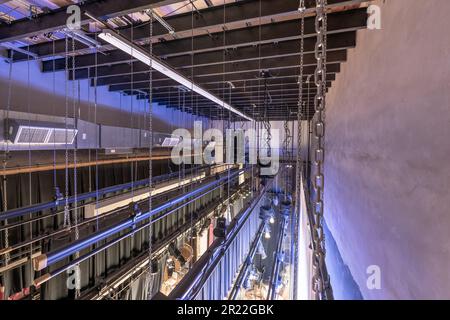 Theater stage rigging with theatrical equipment, lighting, supports ...