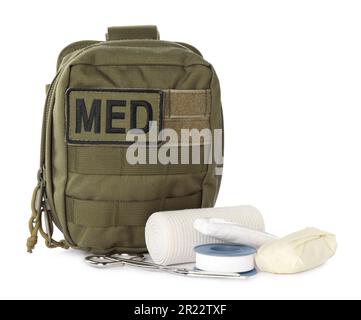 Military first aid kit with items isolated on white Stock Photo - Alamy