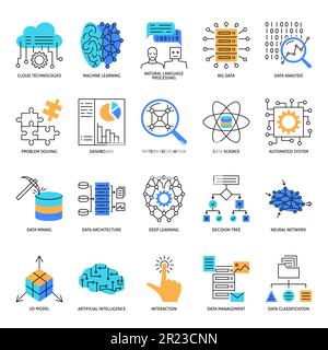 Artificial neural net icon set in line style. Computer deep learning, ai symbols. Vector ...