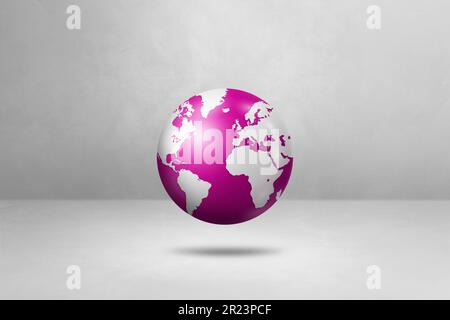 World globe, pink earth map, floating over a white background. 3D ...