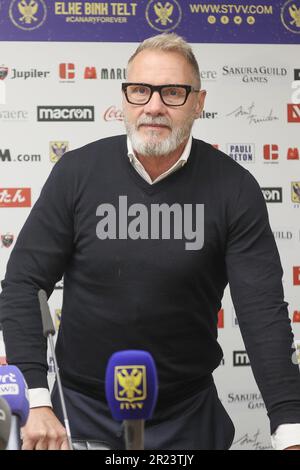 Sint Truiden, Belgium. 17th May, 2024. STVV's Matte Smets and OHL's Jon ...