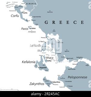 Ionian Islands Region of Greece, political map. Greek group of islands ...