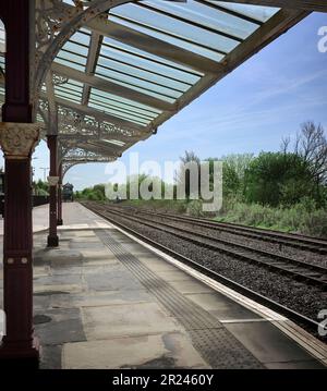 Platform with outdoor seating for cafe at Hellifield Railway Station ...