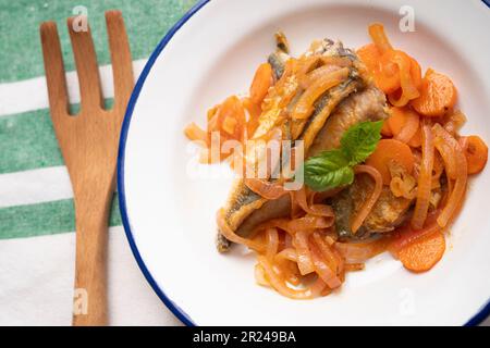 Pickled mackerel fillets with carrot and onion Stock Photo - Alamy