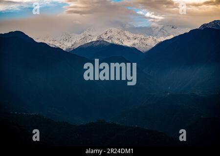 A stunning aerial view of a majestic Kanchenjunga mountain range view ...