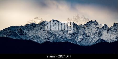 A stunning aerial view of a majestic Kanchenjunga mountain range view ...