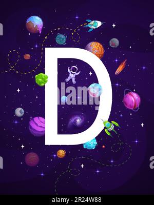 Cartoon space letter F, fantastic planets poster. Space exploration ...