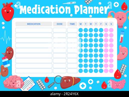 Weekly medication plan. Planner with human body organ characters ...