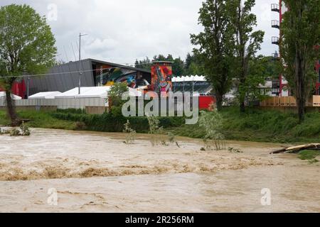 A view of the swollen Santerno River with behind the Enzo e Dino ...