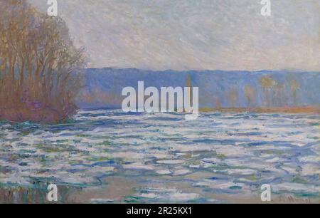 Claude Monet, Ice breaking up on the Seine near Bennecourt, landscape painting in oil on canvas ...