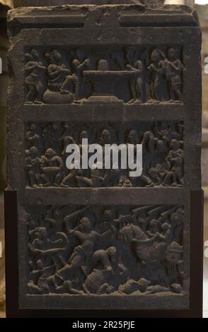 Stele of hindu warrior with the arms of the Sousa family (do Prado) on ...
