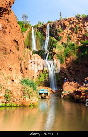View to Ouzoud waterfalls at Azilal province in Morocco, clear blue sky ...