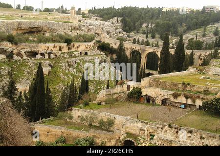 Gravina in Puglia, Italy. Terraces on the side of the ravine, with ...