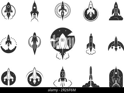 Spaceship icons. Rocket symbols, speed launched space ships silhouettes ...