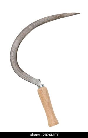 Sharp sickle with wooden handle isolated on white background Stock ...