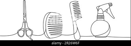 Set of barber shop tools one line colored continuous drawing. Barber ...