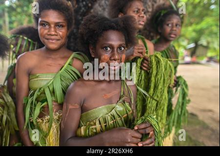 Indigenous teens of the Solomon Islands dressed in traditional outfits ...