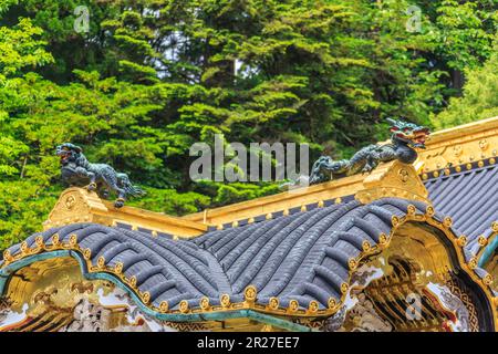 roofs of Karamon (large gate with a karahafu gable) and the main Shrine ...