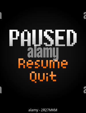 8-bit pixel text, game pause menu. Background icon for game assets in ...