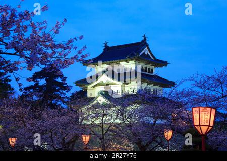 Paper lanterns and Lighted up Hirosaki Castle in the evening Stock ...